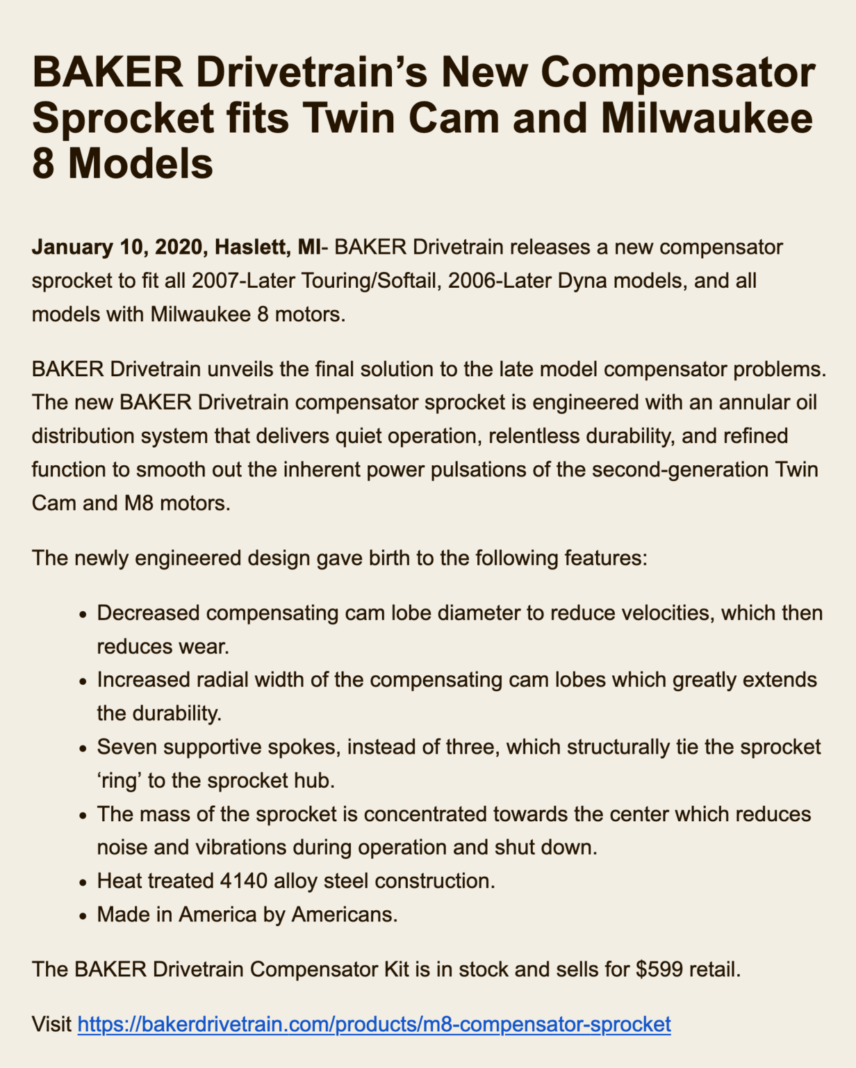 The New BAKER Compensator Sprocket fits Twin Cam and Milwaukee 8 Models ...