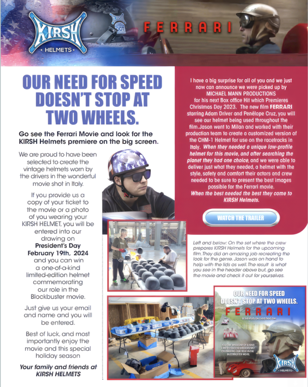 KIRSH HELMETS FEATURED IN NEW FERRARI MOVIE! - Iron Trader News